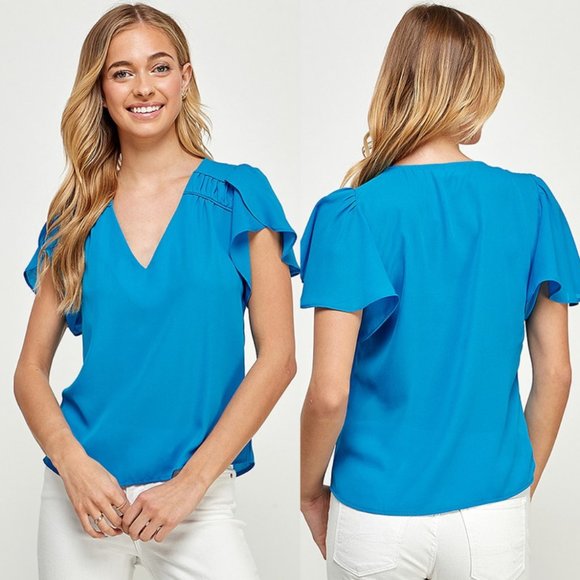 Milk & Honey | Tops | Cerulean Blue Ruffle Tulip Short Sleeve Gathered ...